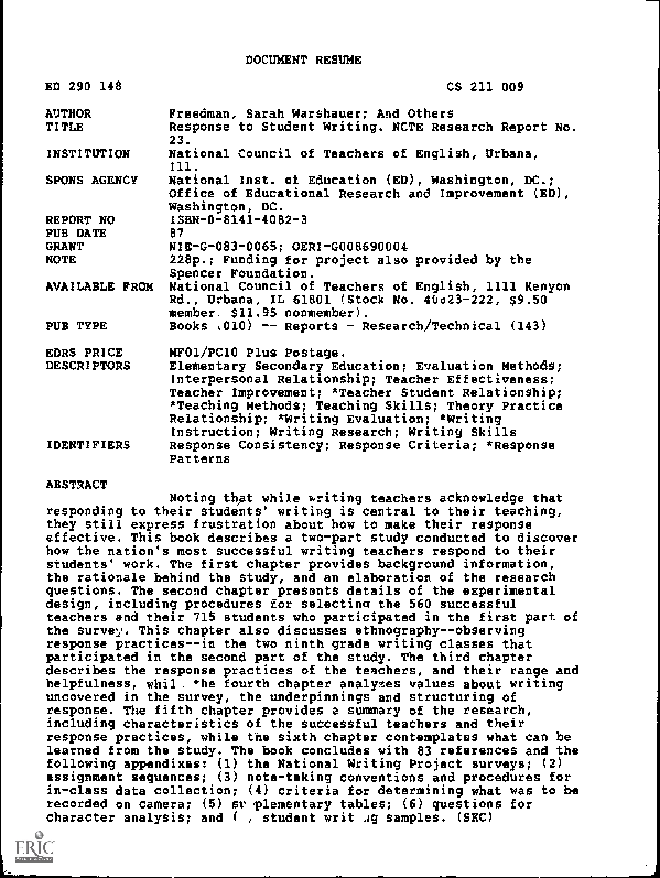 (PDF) Response to Student Writing. NCTE Research Report No. 23