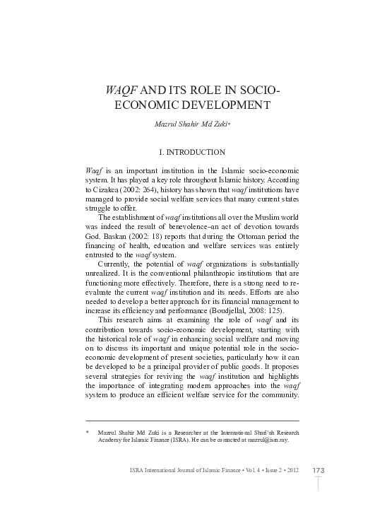 (PDF) Waqf and its Role In Socio-Economic Development