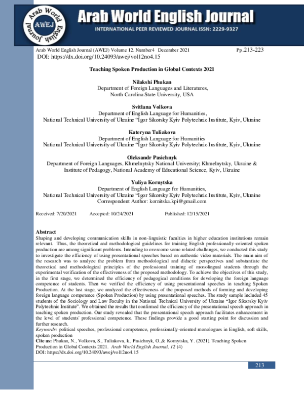 (PDF) Teaching Spoken Production in Global Contexts 2021