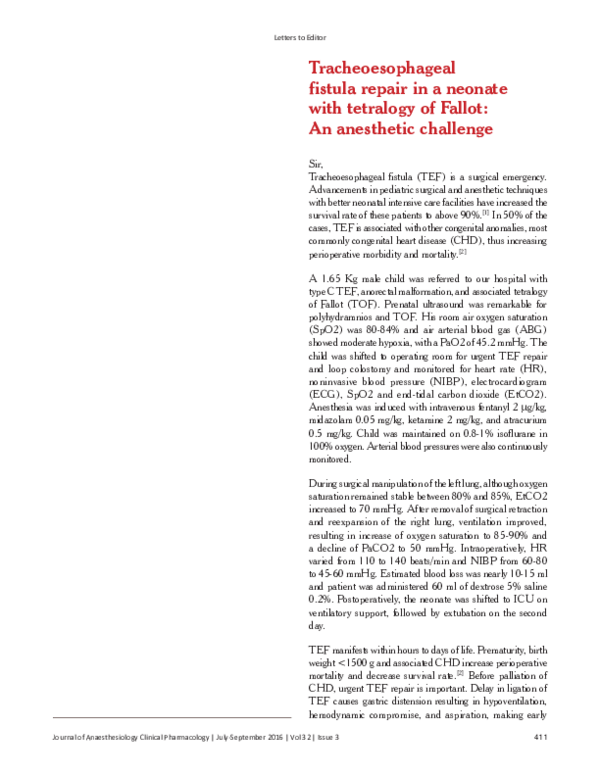 (PDF) Tracheoesophageal fistula repair in a neonate with tetralogy of Fallot: An anesthetic ...