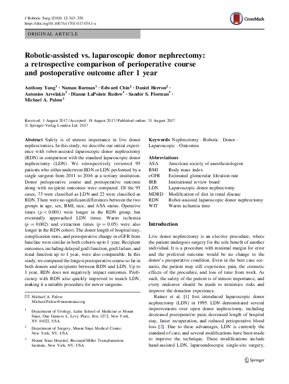 (PDF) Robotic-assisted vs. laparoscopic donor nephrectomy: a retrospective comparison of ...