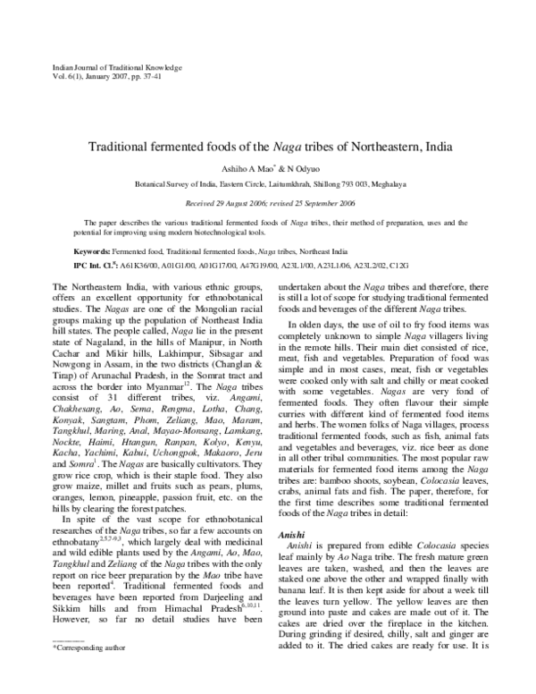 (PDF) Traditional fermented foods of the Naga tribes of Northeastern, India