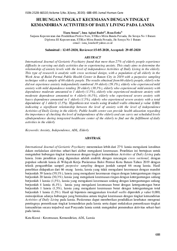 (PDF) Hubungan Tingkat Kecemasan Dengan Tingkat Kemandirian Activities of Daily Living Pada Lansia