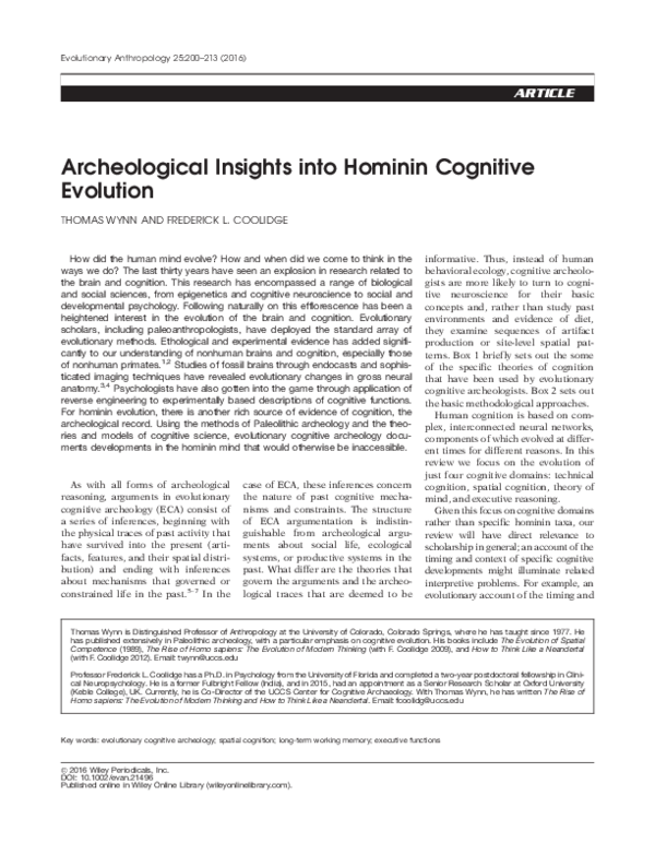 (PDF) Archeological insights into hominin cognitive evolution