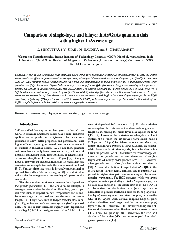 (PDF) Comparison of single-layer and bilayer InAs/GaAs quantum dots with a higher InAs coverage ...