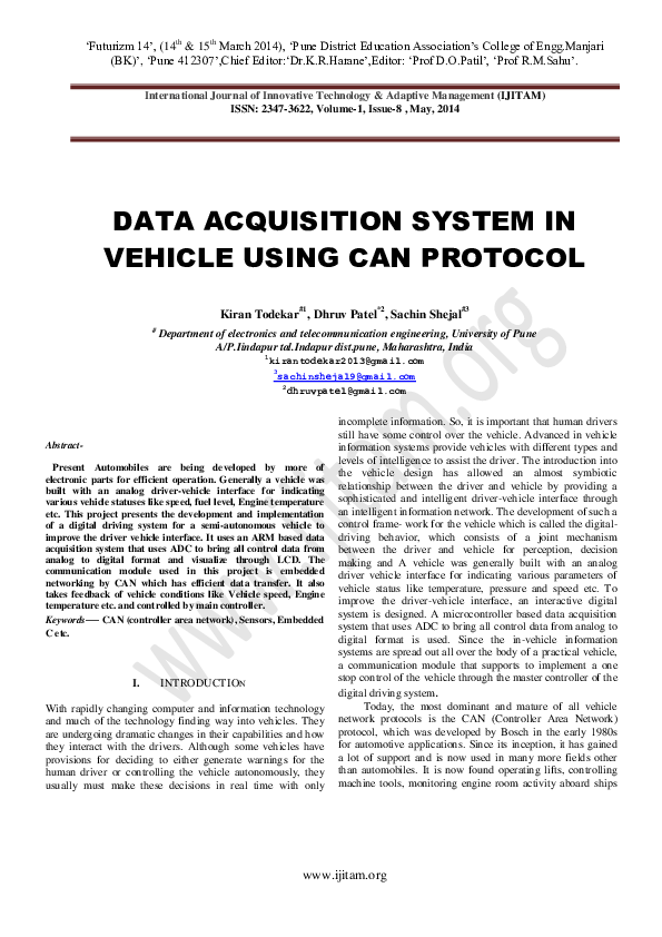 (PDF) Data Acquisition System in Vehicle Using Can Protocol