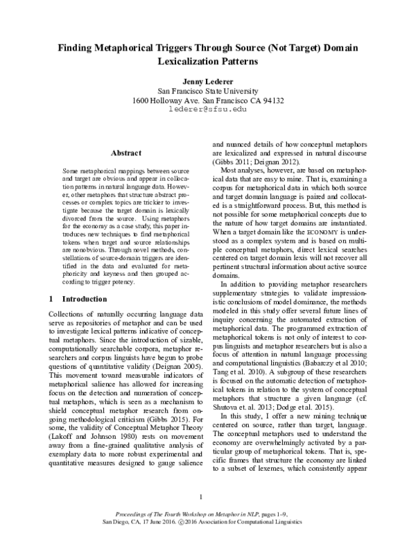 Pdf Finding Metaphorical Triggers Through Source Not Target Domain Lexicalization Patterns