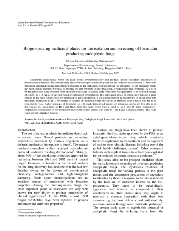 (PDF) Bioprospecting medicinal plants for the isolation and screening of lovastatin producing ...