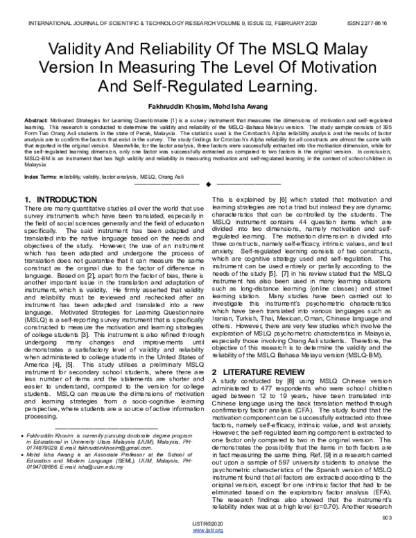 (PDF) Validity And Reliability Of The MSLQ Malay Version In Measuring ...