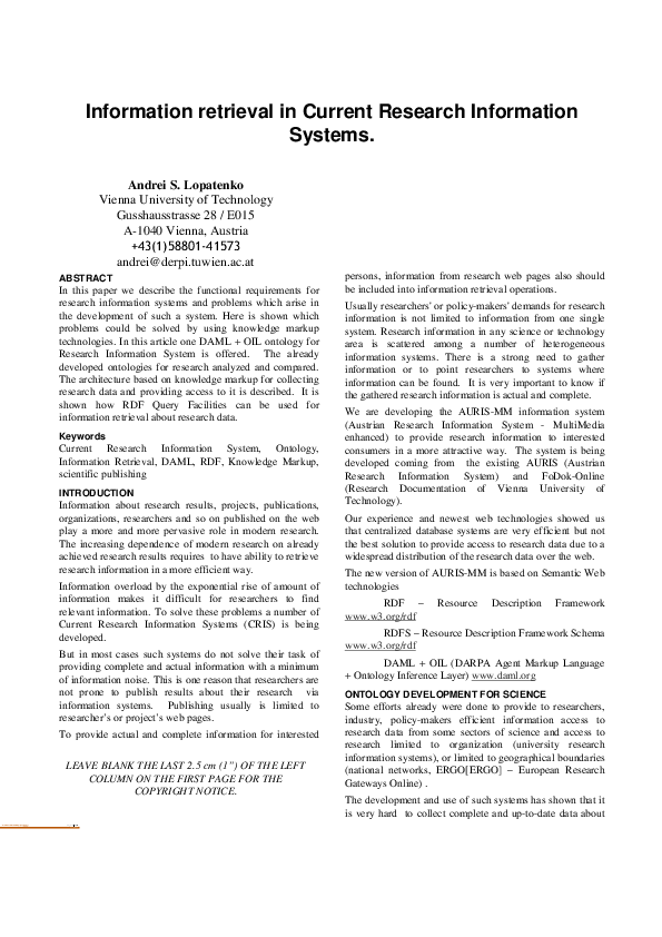 (PDF) Information Retrieval in Current Research Information Systems