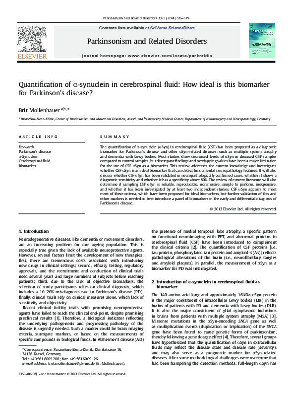 (PDF) Quantification of α-synuclein in cerebrospinal fluid: How ideal is this biomarker for ...