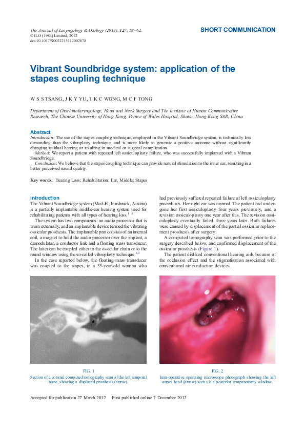 (PDF) Vibrant Soundbridge system: application of the stapes coupling ...