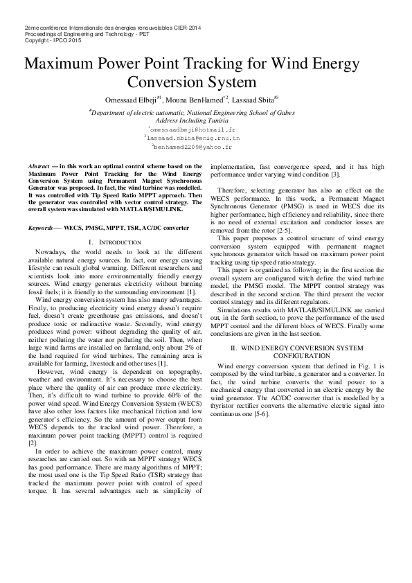 (PDF) Maximum Power Point Tracking for Wind Energy Conversion System