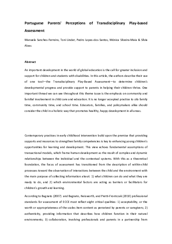 (PDF) Portuguese Parents' Perceptions of Transdisciplinary Play-based ...