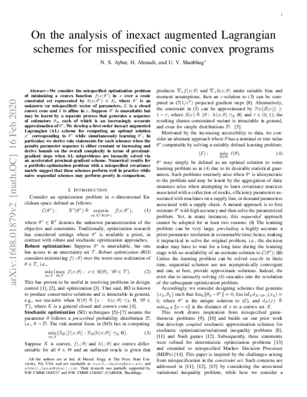 (PDF) On the Analysis of Inexact Augmented Lagrangian Schemes for Misspecified Conic Convex Programs