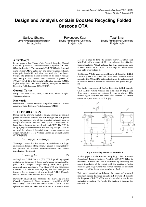(PDF) Design and Analysis of Gain Boosted Recycling Folded Cascode OTA