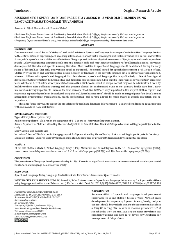 (PDF) Assessment of Speech and Language Delay Among 0 - 3 Year Old ...