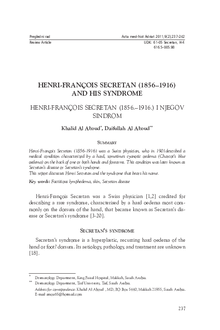 (PDF) Henri-Francois Secretan (1856-1916) and his syndrome