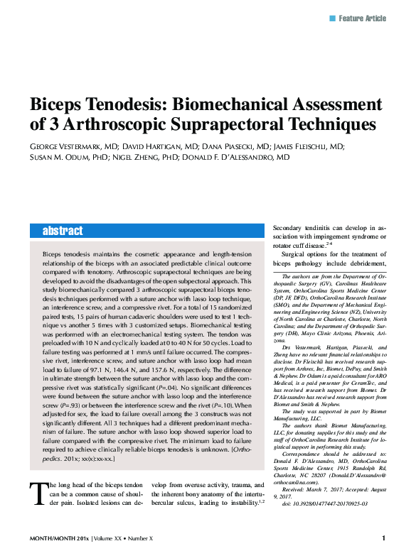 (PDF) Biceps Tenodesis: Biomechanical Assessment of 3 Arthroscopic ...