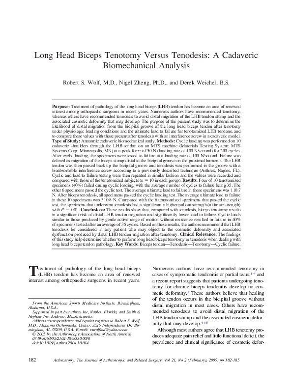(PDF) Long head biceps tenotomy versus tenodesis: A cadaveric ...
