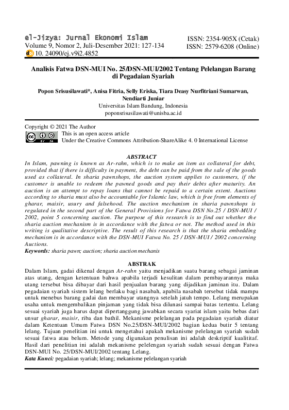 (PDF) Analisis Fatwa DSN-MUI No. 25/DSN-MUI/2002 Tentang Pelelangan Barang di Pegadaian Syariah