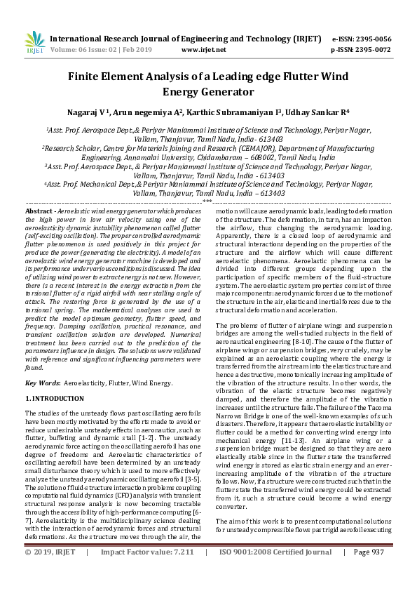 Pdf Finite Element Analysis Of A Leading Edge Flutter Wind Energy Generator