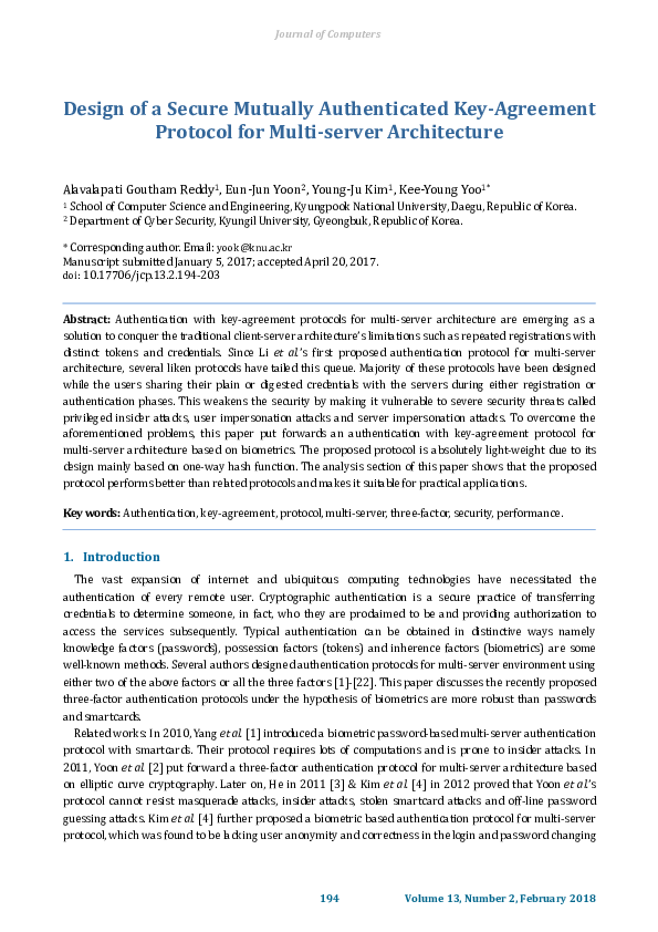 Pdf Design Of A Secure Mutually Authenticated Key Agreement Protocol For Multi Server Architecture