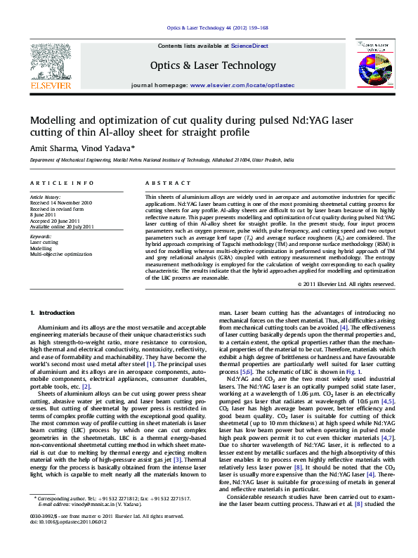 Pdf Modelling And Optimization Of Cut Quality During Pulsed Nd Yag Laser Cutting Of Thin Al