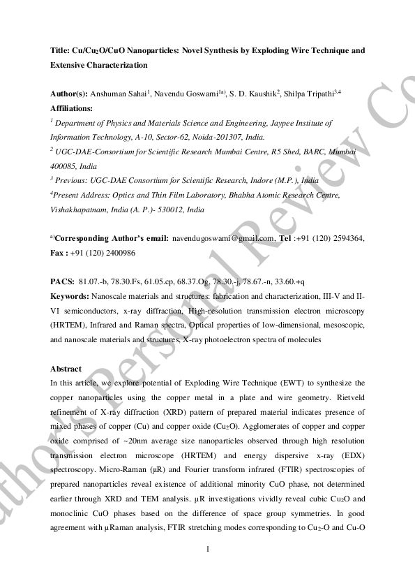 (PDF) Cu/Cu2O/CuO nanoparticles: Novel synthesis by exploding wire technique and extensive ...