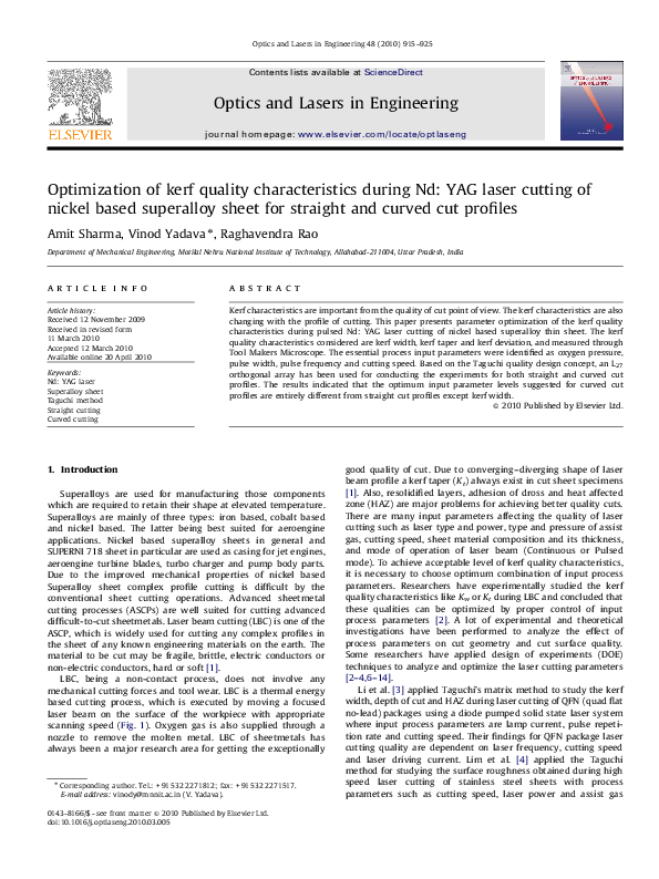 Pdf Optimization Of Kerf Quality Characteristics During Nd Yag Laser Cutting Of Nickel Based