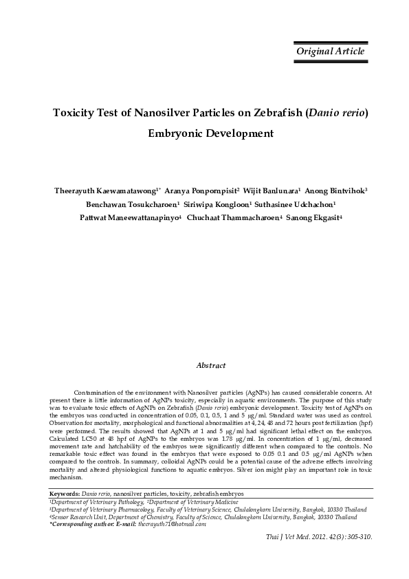 (PDF) Toxicity Test of Nanosilver Particles on Zebrafish (Danio rerio ...