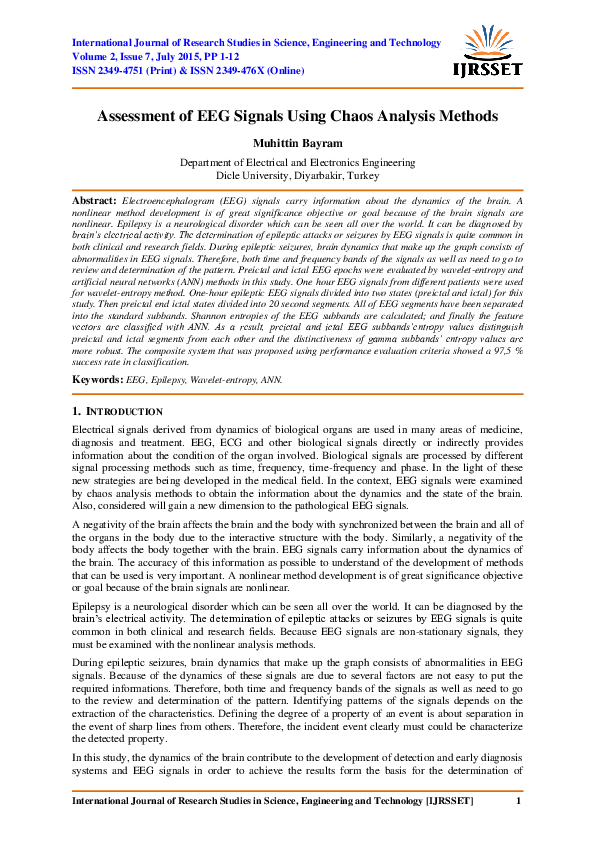 (PDF) Assessment of EEG Signals Using Chaos Analysis Methods