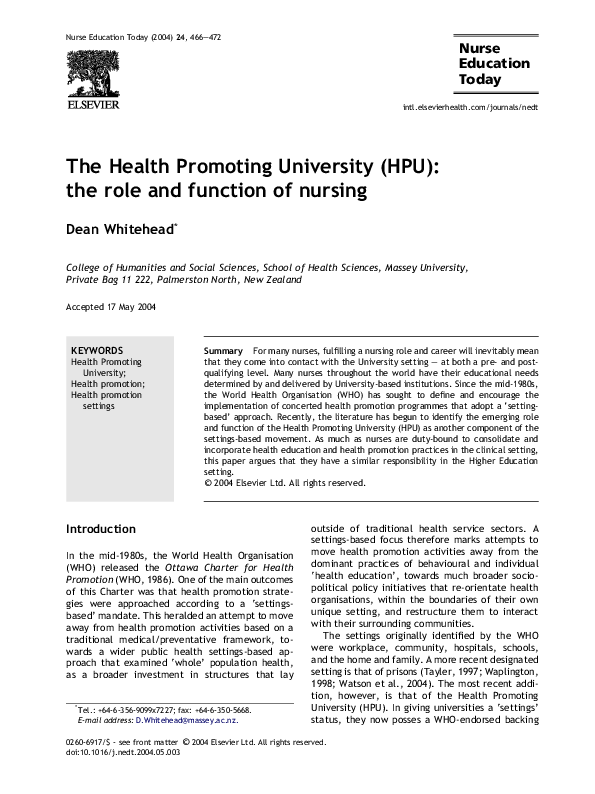 (PDF) The Health Promoting University (HPU): the role and function of ...