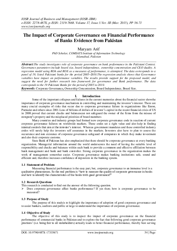(PDF) The Impact of Corporate Governance on Financial Performance of Banks Evidence from Pakistan