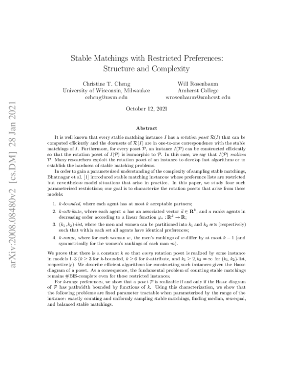 (PDF) Stable Matchings with Restricted Preferences: Structure and ...