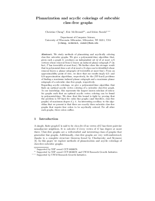 (PDF) Planarization and acyclic colorings of subcubic claw-free graphs