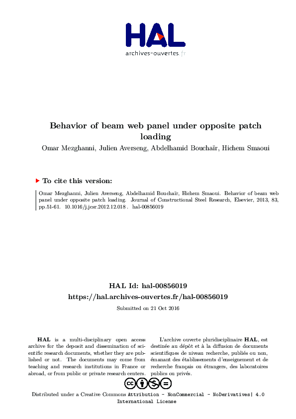 (PDF) Behavior of beam web panel under opposite patch loading