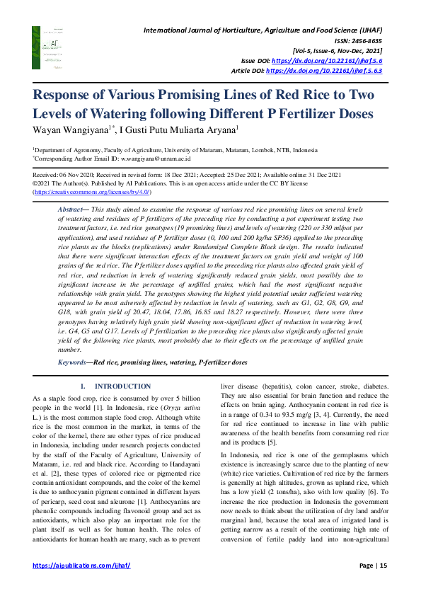(PDF) Response of Various Promising Lines of Red Rice to Two Levels of ...
