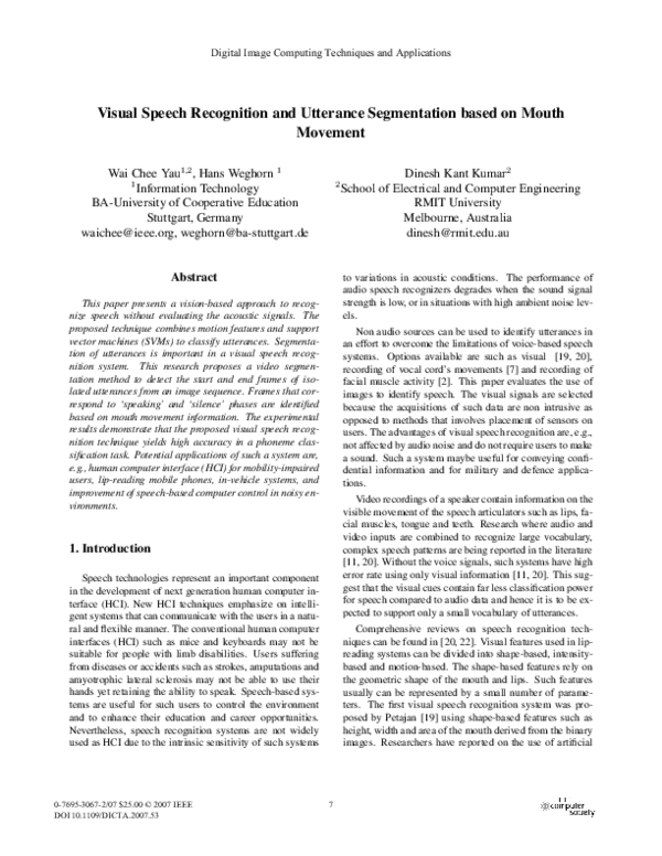 Pdf Visual Speech Recognition And Utterance Segmentation Based On