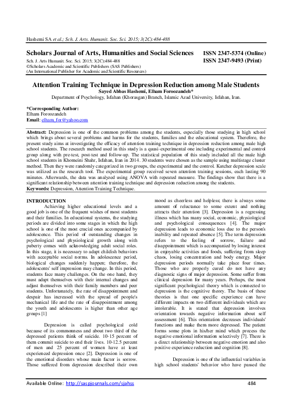 (PDF) Attention Training Technique in Depression Reduction among Male ...