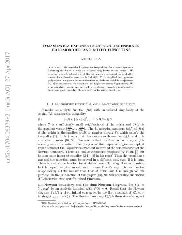 (PDF) Łojasiewicz Exponents of Non-Degenerate Holomorohic and Mixed Functions
