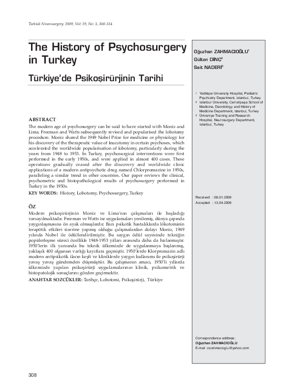(PDF) The History of Psychosurgery in Turkey