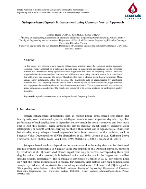 (PDF) Subspace based Speech Enhancement using Common Vector Approach