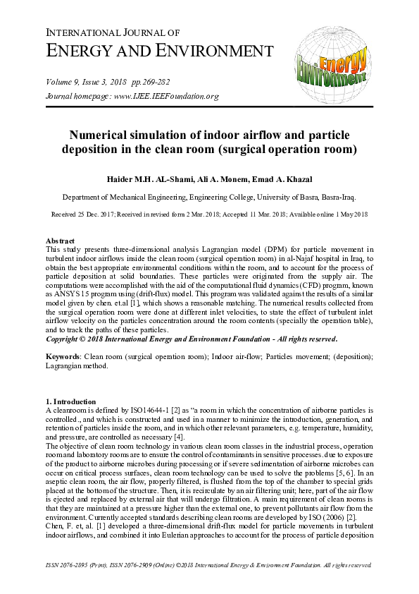 Pdf Numerical Simulation Of Indoor Airflow And Particle Deposition In