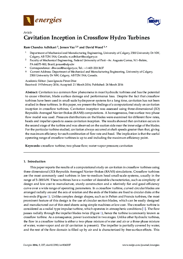 (PDF) Cavitation Inception in Crossflow Hydro Turbines