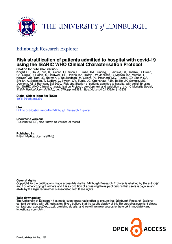 (PDF) Risk stratification of patients admitted to hospital with covid ...