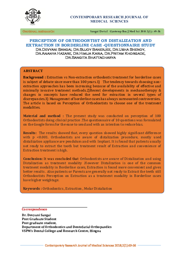 (PDF) Perception of Orthodontist on Distalization and Extraction in ...