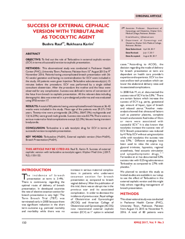 (PDF) Success of External Cephalic Version with Terbutaline as Tocolytic Agent