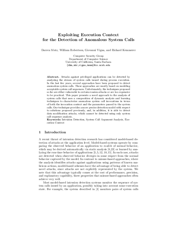 (PDF) Exploiting execution context for the detection of anomalous system calls