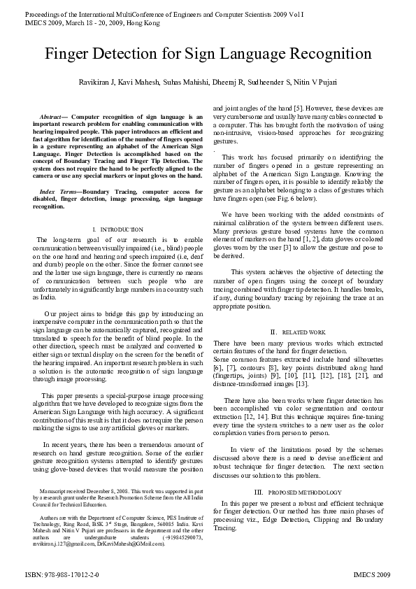 (PDF) Finger Detection for Sign Language Recognition
